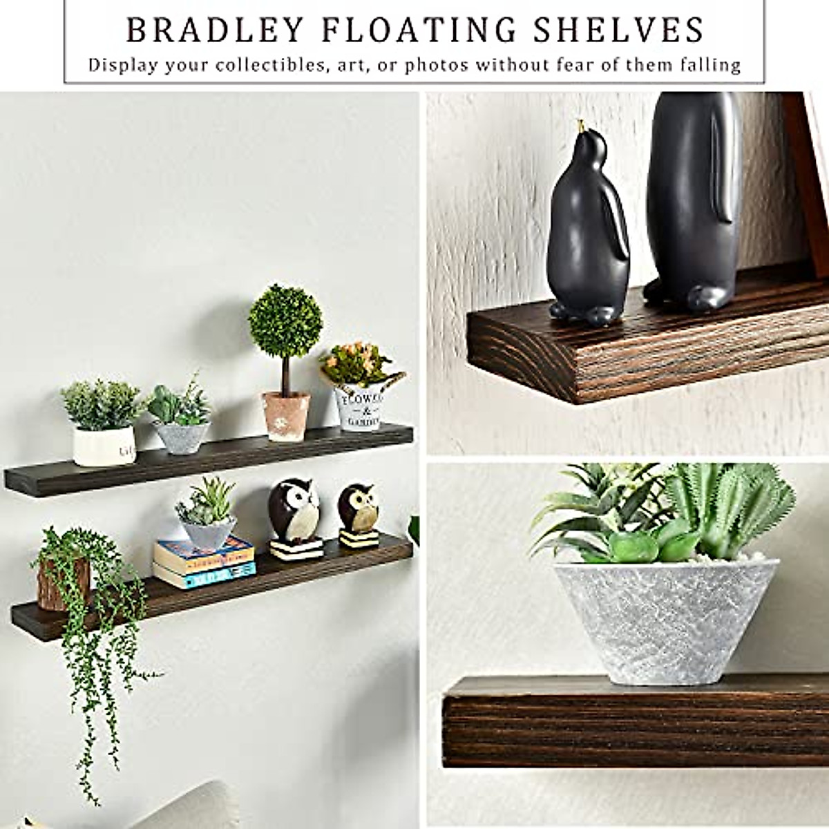 WELLAND Bradley Brown Floating Shelves Set of 2 Handmade Wood Wall Shelves Rustic Wall Mounted Shelves 5" Deep Narrow (Dark Brown, 36 inch)