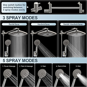 Veken 12” Taupe & Brushed Nickle Rainfall Shower head with handheld, High Pressure shower head with 70'' hose, Shower, Rain Shower Head, Combo Showerheads