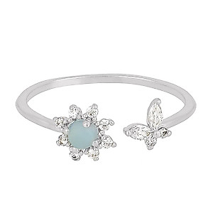 Plum Blossom and Butterfly Crystal Open Band Ring for Women White Gold Plated Statement Expandable Adjustable Dainty Cute Animal Finger Rings Comfort Fit Delicate Jewelry (Silver)