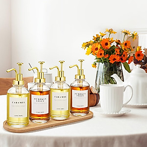 HSIOHE Coffee Syrup Dispenser for Coffee Bar,4 Pack Syrup Dispenser 16.9 oz 500 ml, Glass Syrup Bottle with Gold Upgraded Pump, Coffee Syrup Pump Dispenser, 28 Labels and Large Bamboo Tray