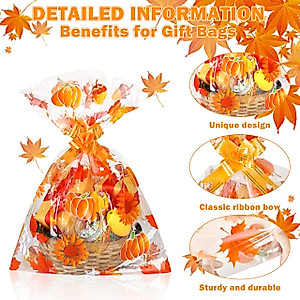 MIMIND 12 Pieces Fall Thanksgiving Large Basket Bags Cellophane Gift Bags Bulk 19.7 x 27.6 Inch Fall Plastic Gift Wrap Bags with 12 Pull Bows 20 Twist Ties for Thanksgiving Gift Baskets