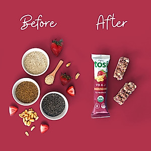 Tosi Peanut Butter & Jelly Protein Bars, Plant Based with Nuts, Gluten-Free Crunchy Snacks, Vegan, Organic, Flax & Chia Seeds, Soy-Free, Omega 3s, 7G Protein, 1 oz, 12-Pack