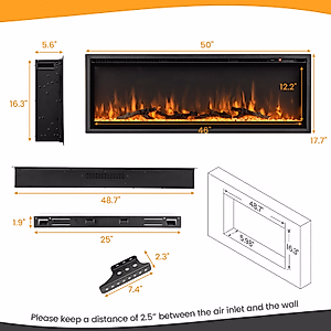 Tangkula 50 Inches Electric Fireplace Inserts, Recessed, Wall Mounted and Freestanding 1500W Slim Fireplace Heater with Remote Control, Adjustable Flame Color & Brightness (50 Inches)