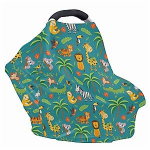 Forchrinse Wildlife Animal Cartoon Jungle Animal Car Seat Cover for Babies,Soft Nursing Breastfeeding Scarf Breathable Carseat Canopy for Baby Boys Girls