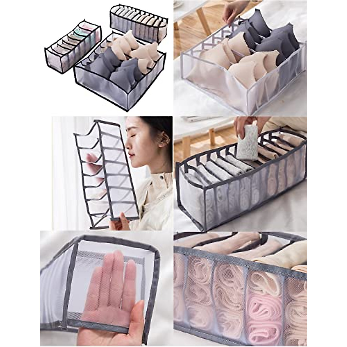 BlackeEight Foldable Underwear Drawer Organizer,6/7/11 Grid Mesh Nylon Closet Clothes Dividers Dresser Compartments for Bras Socks Underpants Panties and Ties (Black Panties Style)