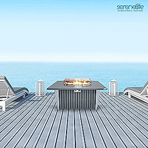 Outdoor Propane Fire Pit Table - CSA/ETL Certified 50,000 BTU Pulse Ignition Weatherproof Rectangle Propane Gas Fire Table w/Adjustable Flame - Glass Rocks Wind Guard, Black - SereneLife SLFPSX55