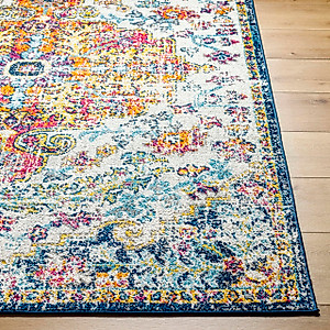 Mark&Day Area Rugs, 4ft Round Olivia Traditional Saffron/Navy Area Rug, Blue Off-White Orange Carpet for Living Room, Bedroom or Kitchen (4' Round)