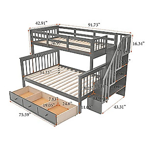 LZ LEISURE ZONE Twin Over Full Bunk Bed with Drawers, Solid Wood Bunk Bed Frame with Stairway, Storage & Guard Rail for Bedroom Dorm, Gray
