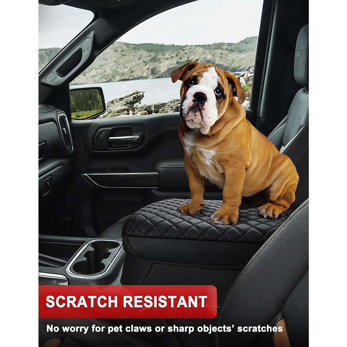 KBH Center Console Armrest Cover for Chevy Chevrolet Silverado, GMC Sierra 2019-2024, Tahoe, Suburban, Yukon 2021-2024, Vinyl Leather Console Lid Cushion, Anti-Scratch, Bucket Seat, Black