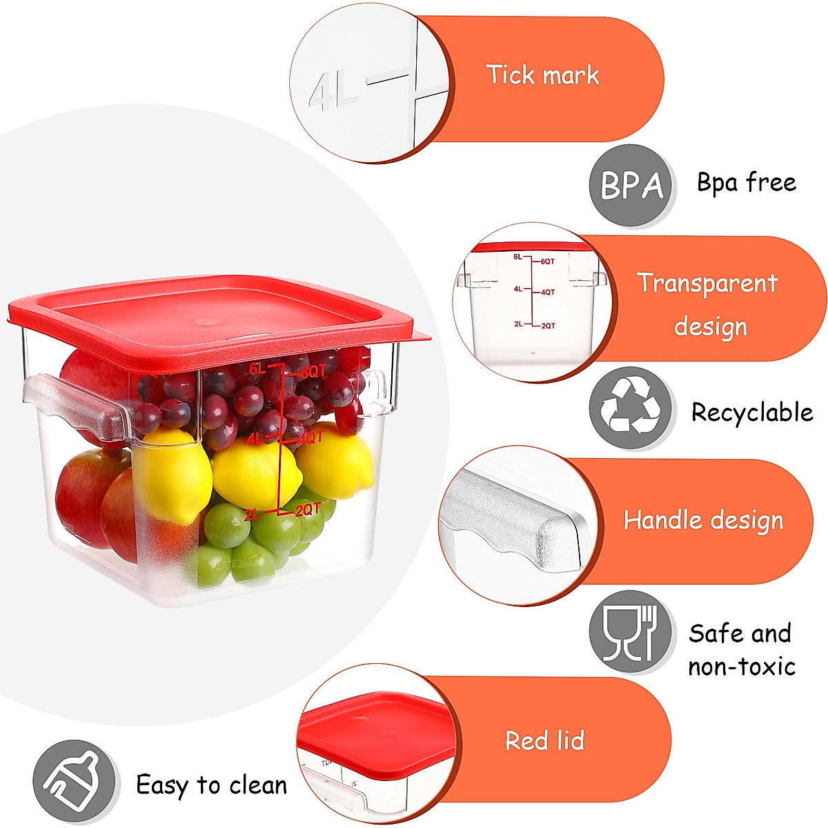 Hsei 6 Sets 6 Quart Commercial Food Storage Containers with Lids and 6 Pcs Plastic Ice Scoop for Freezer Flour Sugar Baking Bread Dog Food Restaurant Kitchen Square(Red)