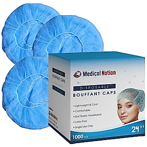 MEDICAL NATION 24" Disposable Bouffant Caps Hair Net | CASE OF 1000, BLUE | Non-Woven, Non-Pleated Hairnets | Perfect for Medical, Hospital, Labs, Nurse, Tattoo, Food Service, Cooking | Blue, Size 24"