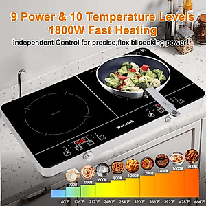 Portable Induction Cooktop 1800W Double Induction Cooktop Stove Hot Plates,2 Independent Touch Control with 2 Knobs,9 Power & 10 Temp Levels,Child Safety Lock,Timer