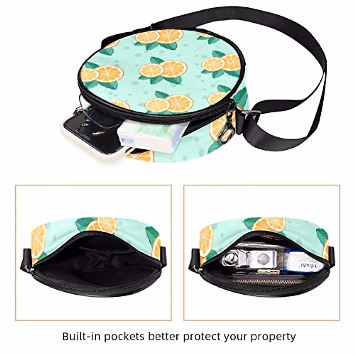 Orange Slice And Mint Crossbody Bag for Women Teen Girls Round Canvas Shoulder Bag Purse Tote Handbag Bag