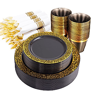NOCCUR 210pcs Black and Gold Plates - Black Gold Plates and Napkins Party Supplies Include 30 Dinner Plates, 30 Dessert Plates, 30 Prerolled Plastic Cutlery and 30 Cups - Ideal for Party&New Year