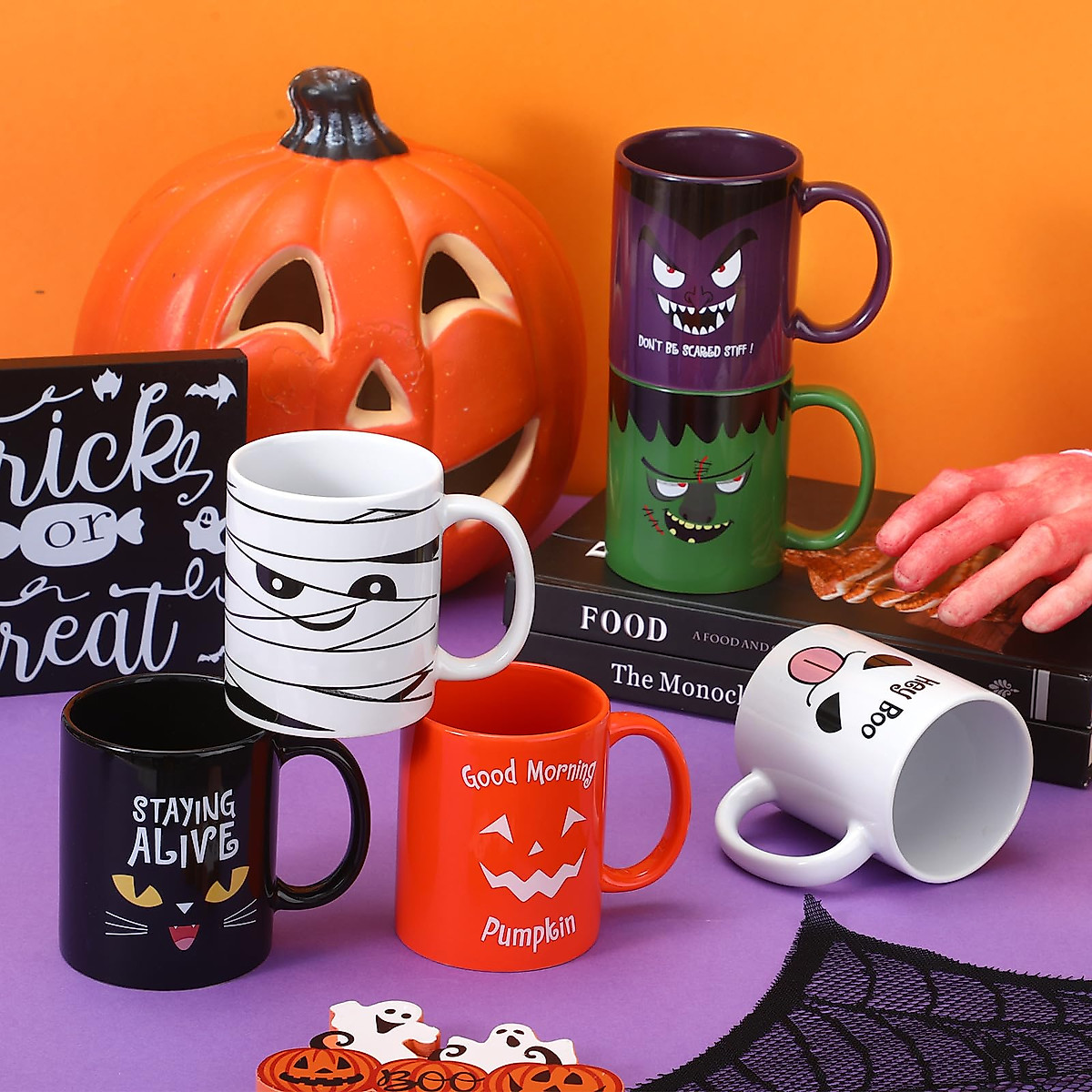 Lallisa 6 Pieces Halloween Mug Set 13 oz Pumpkins Cats Ghosts Ceramic Coffee Matching Mugs for Halloween Home Office Table Kitchen Decoration