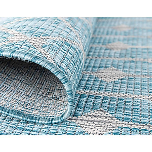 Unique Loom Outdoor Trellis Collection Area Rug - Tribal Trellis (2' x 6' 1" Runner, Aqua/ Ivory)