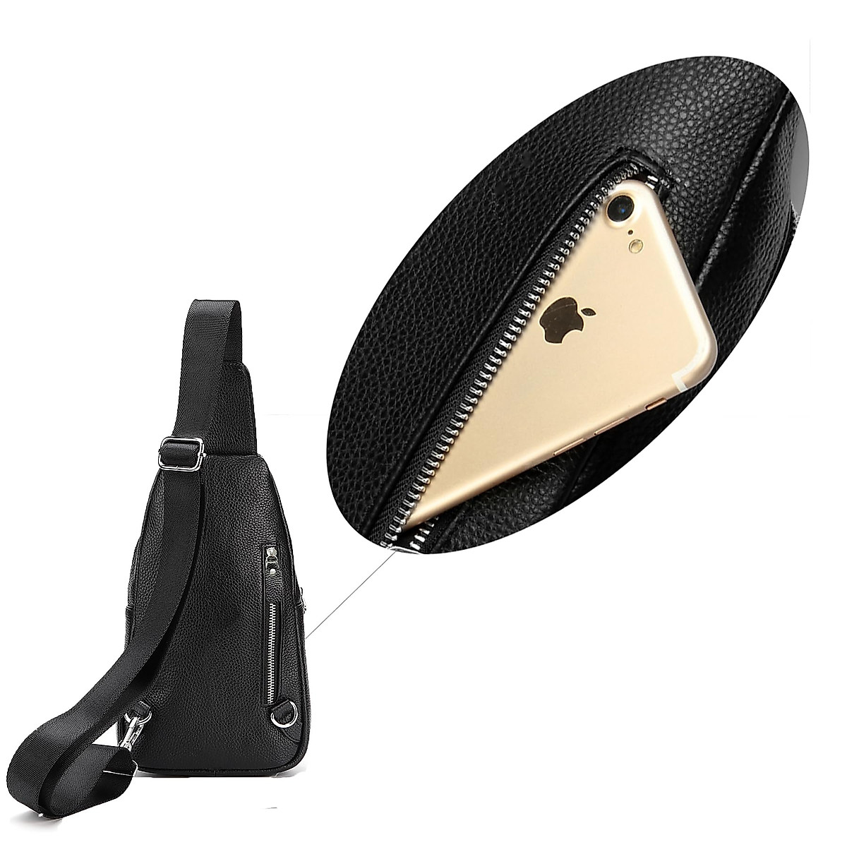 DK86 Leather Sling Backpack Chest Crossbody Shoulder Bag Travel Daypack for Men and Women - Black 1