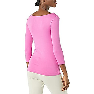 Amazon Essentials Women's Slim-Fit 3/4 Sleeve Boat Neck T-Shirt, Bright Pink, Large
