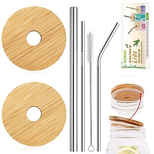 COLOROUND【REGULAR Mouth Lids】2 Pack Mason Jar Lids with Straw Hole Regular Mason Jar Cup Lids Reusable Bamboo Lids Mason Jar Tops with 3 Stainless Steel Straws & 1 Brush for Regular Mouth Mason Jars