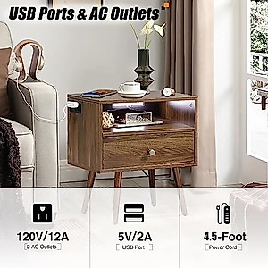 Nightstand with Charging Station and Led Lights, Mid Century Modern Nightstand with Wireless Charger, Wooden Bedside Storage Cabinet for Bedroom, Large Single Drawer & an Open Shelf, Walnut