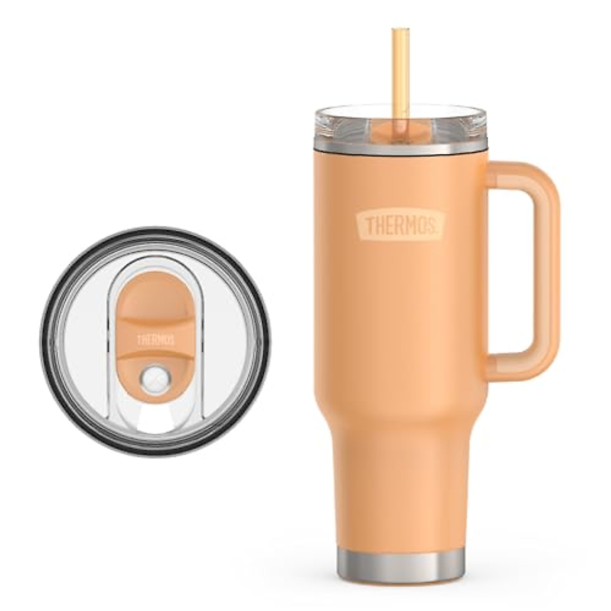 THERMOS Stainless Steel Cup Holder Mug - 40 Ounce, Melon - Insulated Tumbler with Lid and Straw, Plus Leak-Resistant Slide Lock