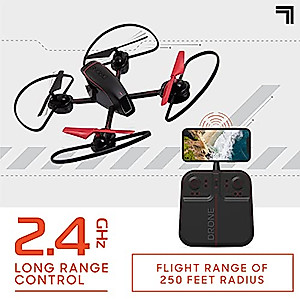 Sharper Image 10” Mach X Long Range Drone with Streaming Camera, LED Lights, 2.4 GHz, Auto-Orientation, Assisted Landing and Gyro Stabilization Control, Capture Panoramic Videos, Rechargeable Battery, 1 Count(Pack of 1)