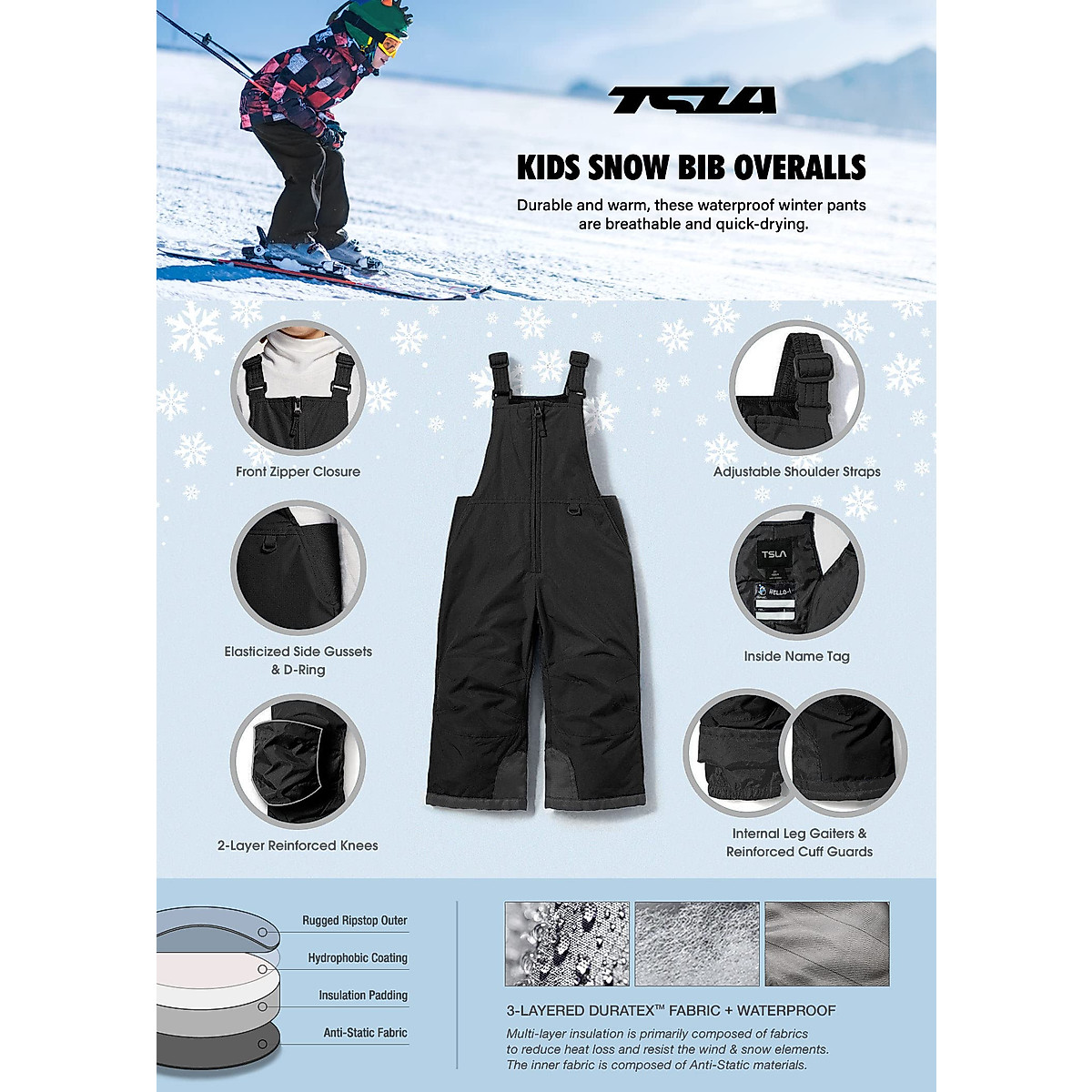 TSLA Kids Little Boys Girls Baby Winter Snow Bibs, Waterproof Insulated Snowboard Overalls, Ripstop Ski Pants, Winter Snow Overall Black, 3T