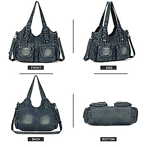 Casual Washed Denim Shoulder Bags Top Handle Lady's Hobo Bags Women Purses And Handbags (Deep Blue)