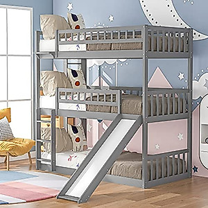 Wood Twin Triple Bunk Bed, Kids Triple Floor Bunk Beds with Slide, 3 Bunk Beds Twin Over Twin Over Twin Size, Converted Bunk Beds. Grey