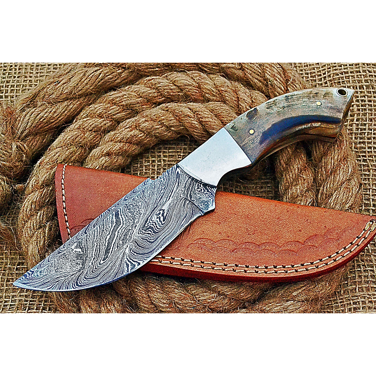 HUNTEX Handmade Hand-Forged Twist Pattern Damascus Steel 9 Inch Long Full Tang Natural Ram Horn Handle Razor Sharp Hunting Camping Boot Knife w/Genuine Leather Pouch