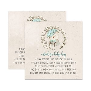 Paper Clever Party Teddy Bear Bring a Book Cards for Baby Shower (25 Pack) Boys Invitation Insert for Bow Tie Parties – Rustic Greenery Theme Blue – 4x4 Printed Card Set