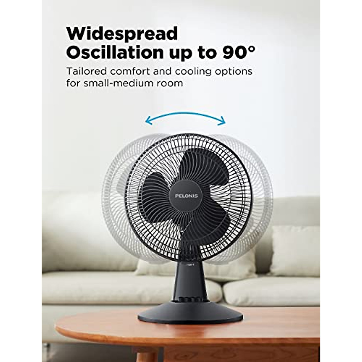 PELONIS Table Fan 12-Inch Oscillating Table Fan Small Portable Electric Plug-In Desk Fan 3-Speeds Adjustable Tilt Head for Bedroom and Office Black