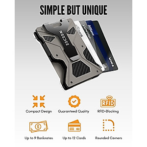 WeeDee Minimalist Slim Wallet for Men - Carbon Fiber Tactical Wallets with Clear ID Badge Holder RFID Blocking - EDC Aluminum Metal Wallet Credit Card Holder with Money Clip