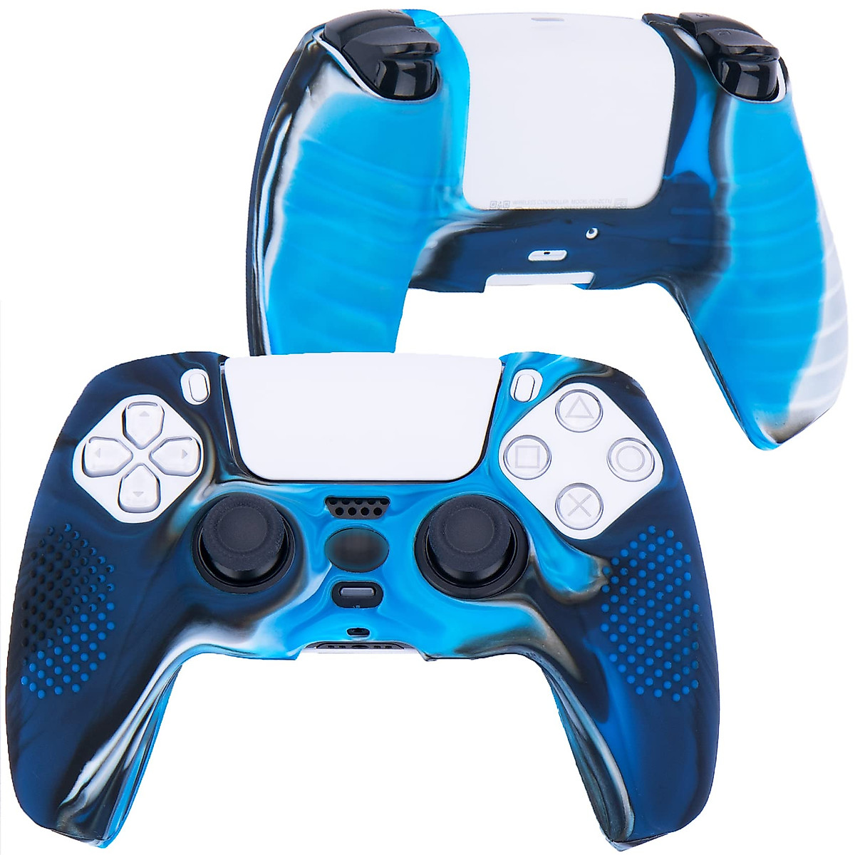 YoRHa Studded Silicone Cover Skin Case for PS5 Controller x 2(Black+Camouflage Blue) with Pro Thumb Grips x 10