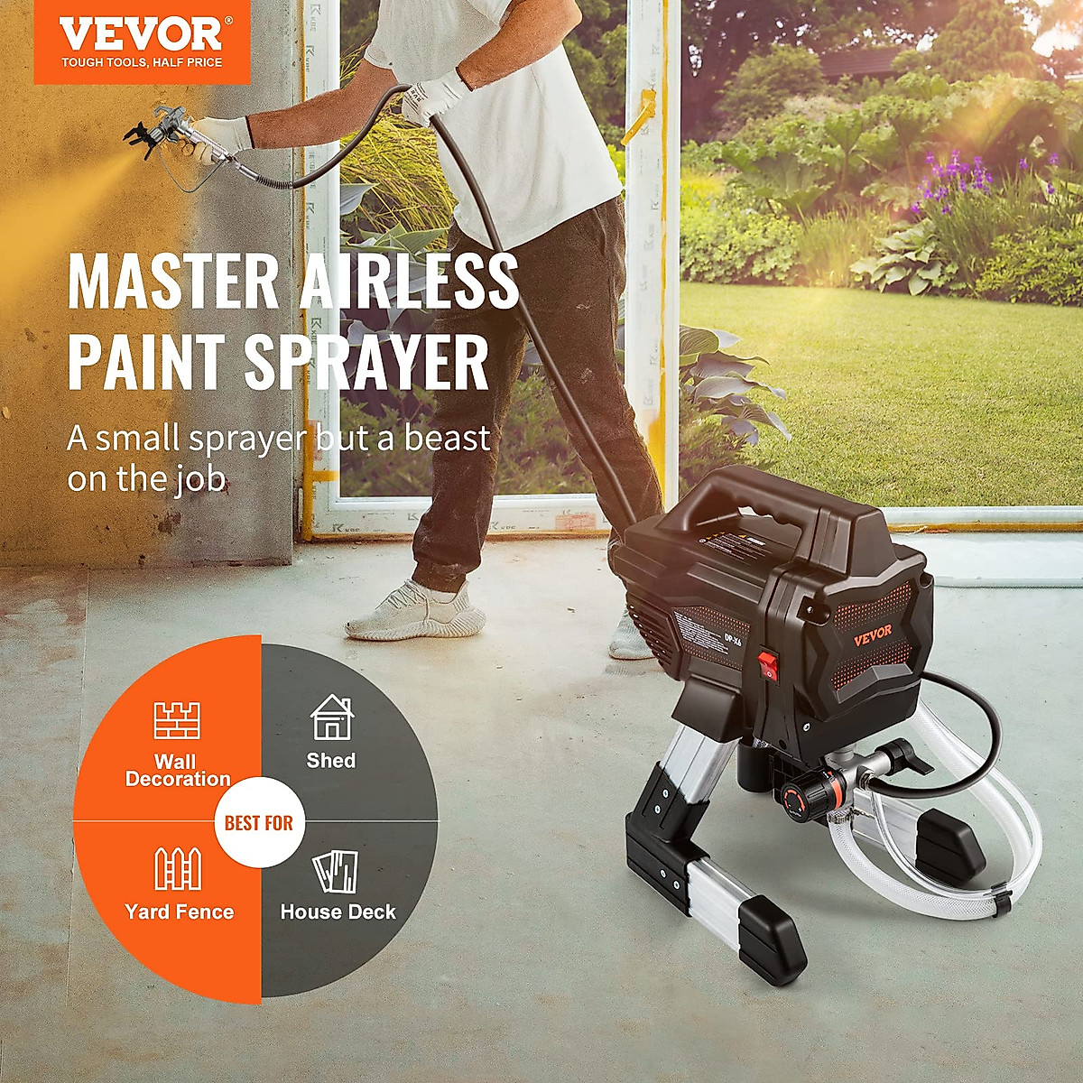 VEVOR Stand Airless Paint Sprayer - 7/8HP 650W High Efficiency Electric Machine, 2900PSI, Extension Rod and Cleaning Kits for Interior Exterior Furniture/Fence/Home/House.