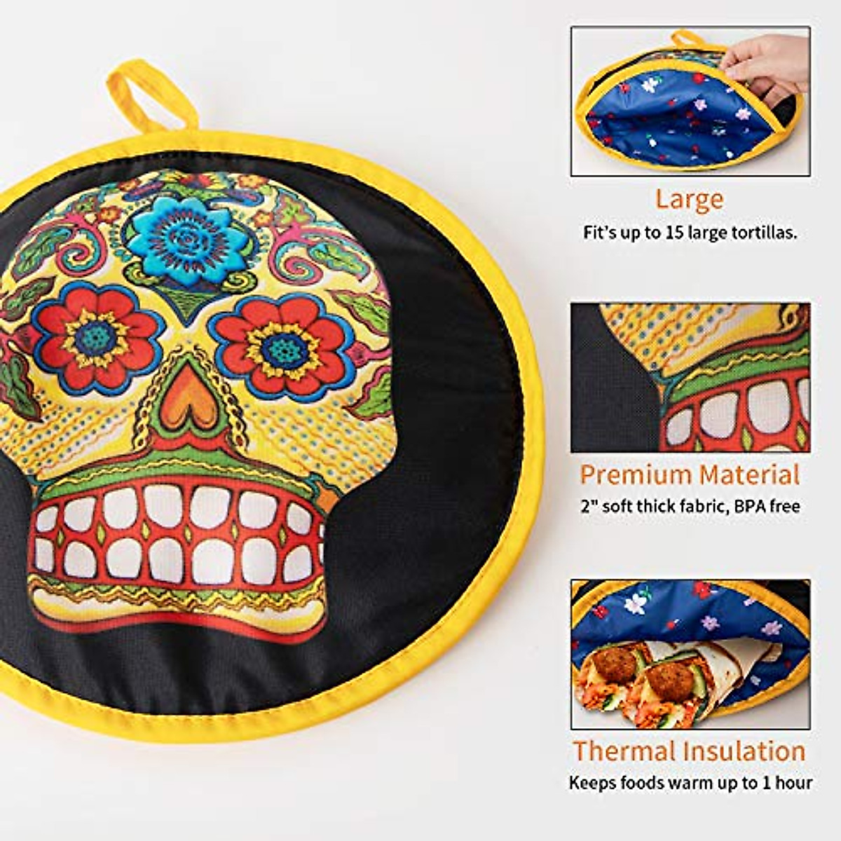 Nattork 10 Inch Tortilla Warmer -Insulated Fabric Pouch - Keeps warm for 1 hour (10", skull x 1pcs)
