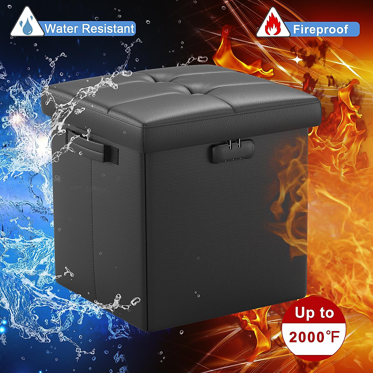 ZOOPIP Fireproof Storage Ottoman with Lock, 30 Inch Foot Rest Stool, Moisture-Proof Bedroom Bench with Handles, Ottoman with Storage for Living Room, Holds up to 660 lb for Important Goods (Black)