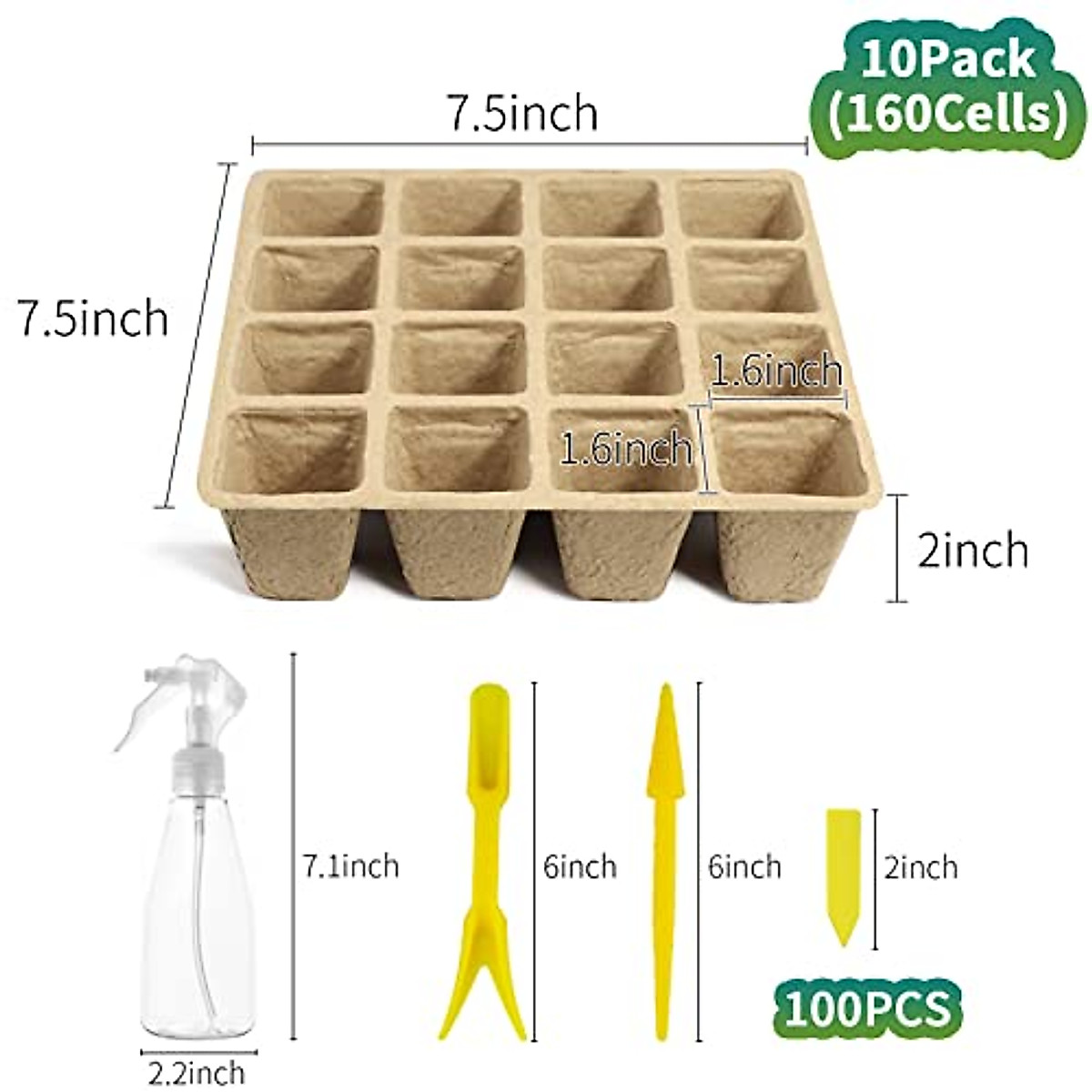 160Cells Seedling Start Trays with Drain Holes,10pcs Peat Pots Seedling Pots Biodegradable,Seedling Starter Kit,Organic Germination Plant Starter Trays(100xLabels,2xTransplant Tools,1xSpray Bottle)