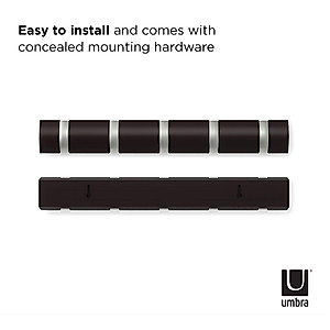Umbra Flip Wall-Mounted Coat Rack Rail Hook for Hats, Jackets, Bags and More – Modern, Space-Saving Storage Organizer for Entryway, Mudroom, Closet, Bathroom, Bedroom, Kids Room, or Nursery, 5 Hooks, Espresso/Nickel