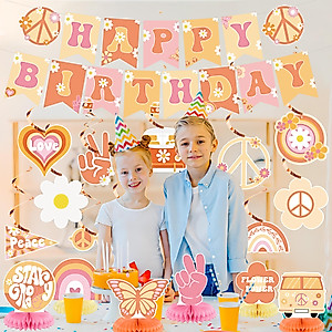 19 Pcs Groovy Party Decorations Include Boho Happy Birthday Banner Hippie Hanging Swirls Retro Boho Honeycomb Centerpieces for Two Groovy Baby Shower Birthday Party Supplies