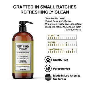 Men's 3-in-1 Wash, Moisturizing Shampoo, Conditioner, and Body Wash for Men, Suitable for All Skin and Hair Types, 32oz - Abbot Kinney Apothecary (Energizing Citrus)