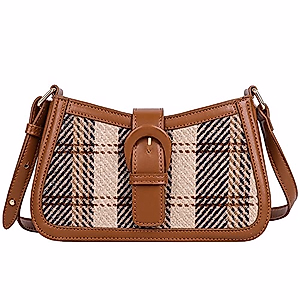 RTGGSEL Retro Women's Contrast Color Plaid Striped Saddle Crossbody Shoulder Handbags Underarm Satchel Tote Clutch Purse Hobo Bag (Brown)