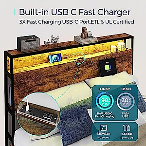 LINSY Full Size Bed Frame with 4 Drawers & Headboard, Bed Frame with RGB Lights & Fast Charger, Fast Assembly Bed Frame Full with Storage, No Box Spring Needed, Rustic Brown