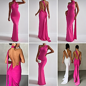 Women's Sexy One Shoulder Backless Maxi Dress Elegant Ruched O Ring Sleeveless Evening Dress Long Gown Cocktail Dress Hot Pink