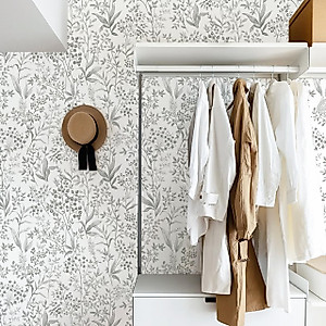 Cohoo Home Leaf Wallpaper Peel and Stick Wallpaper Boho Leaves Contact Paper for Cabinets and Drawer 17.3“×118” Gray White Floral Self-Adhesive Removable Wallpaper Bedroom Bathroom Waterproof Neutral