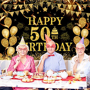 50th Birthday Decorations for Men Women - Happy 50th Birthday Banner Party Decorations Black Gold 50 Years Birthday Party Suppiles Background for Home Outdoor Birthday Decor(71 x 45 inch)