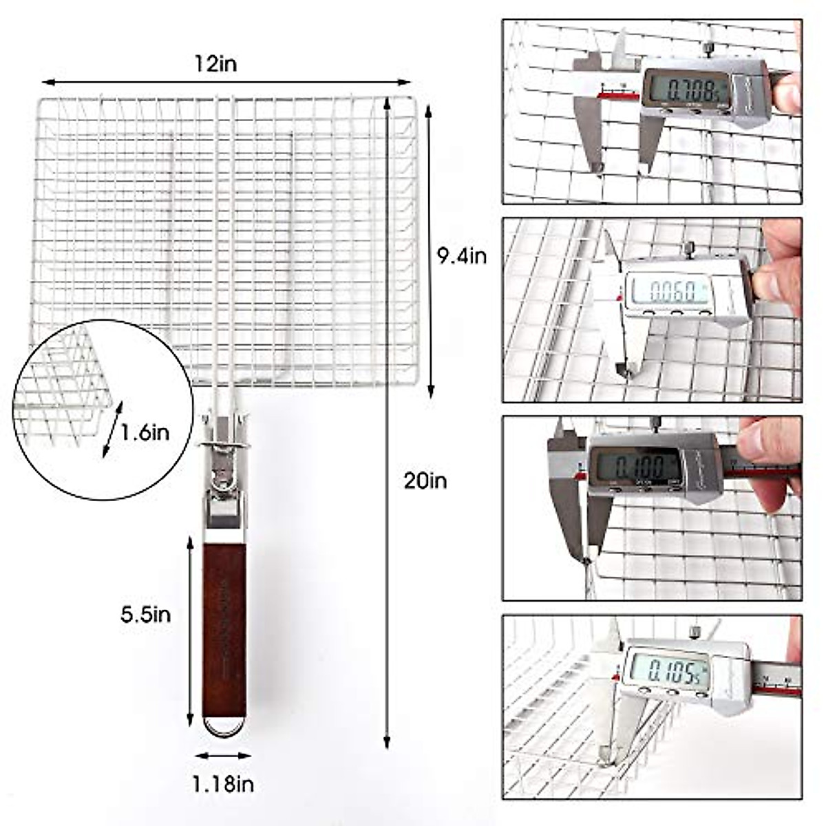 Green Science Portable Grill Basket - Food Grade 304 Stainless Steel BBQ Barbecue Tool with Handle for Outdoor - Steak, Meat, Fish, Shrimp, Pork, Vegetables Grilling Basket