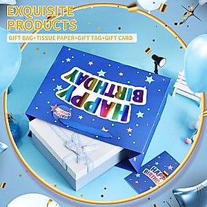 Usmilegift 13" Large Blue Birthday Gift Bag with Card and Tissue Paper, Reusable Gift Wrap Bag for Birthday, Party, Heartfelt Design with Handles(Colorful Happy Birthday)