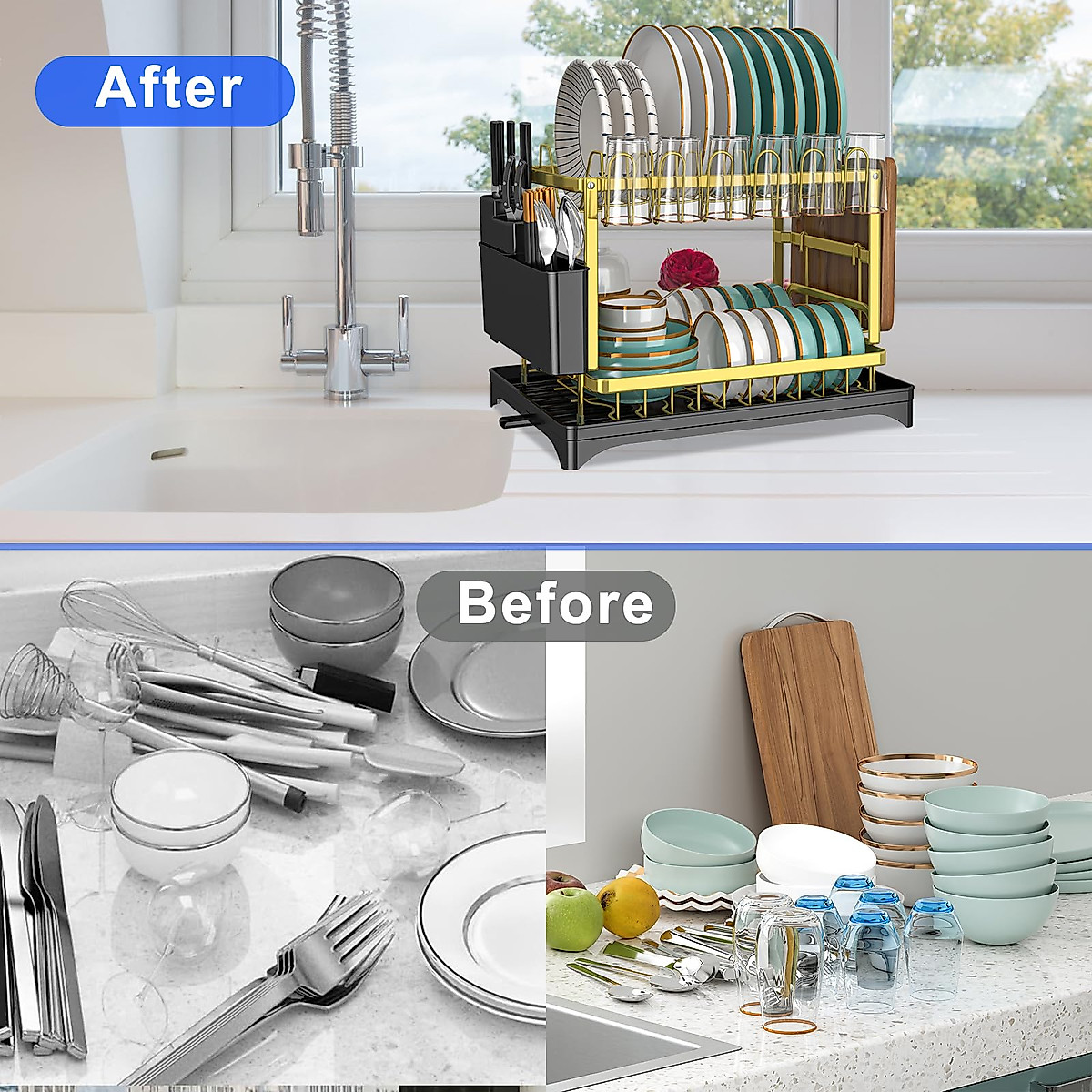 IBEDMAZIE Dish Drying Rack Gold, Multifunctional Dish Racks for Kitchen Counter with Drainboard 2 Tier Dish Drainer Large Capacity for Dish/Knifes/Cup/Cutting Board