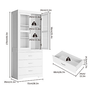 FOTOSOK White Kitchen Pantry Cabinet, 67’’ Tall Storage Cabinet with 2 Tempered Glass Doors, Modern Kitchen Cupboard, Bathroom Storage with 3 Shelves and 3 Drawers for Home Office